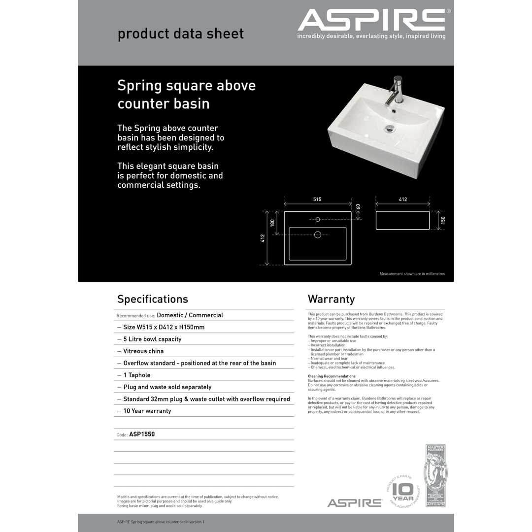 Aspire Spring Square Above Counter Basin White 1Th 515 X 412 – Aspire ...
